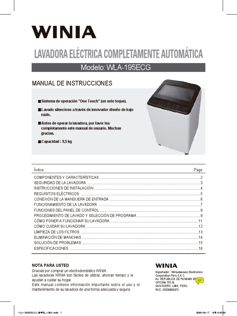 Manual de Lavadora Winia WLA-195ECG | PDF | Lavadora | Enchufes y tomas ...