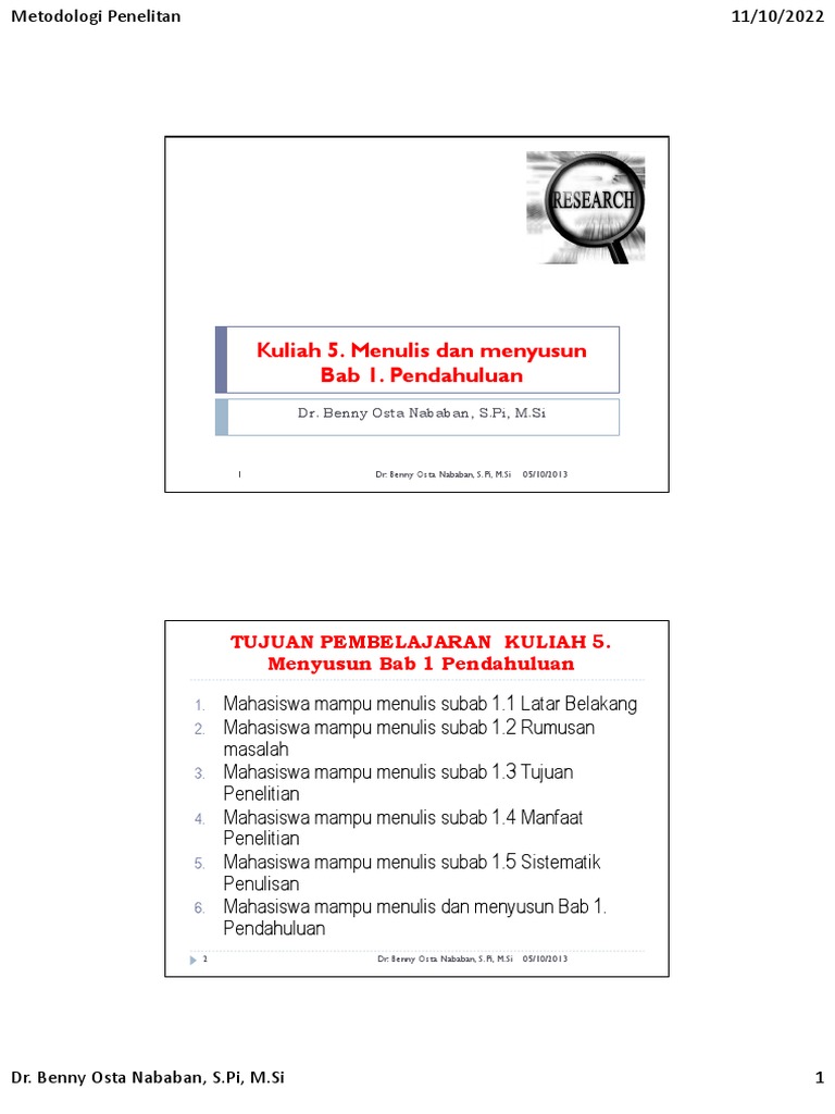 Kuliah 5. Menyusun Dan Menulis Bab 1. PENDAHULUAN | PDF