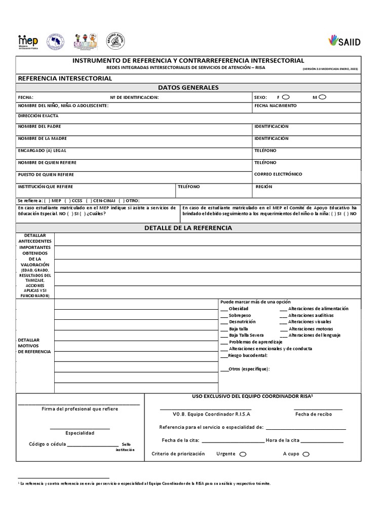 Formulario Referencia y Contrareferencia Intersectorial 19-01-23 Con Instrucciones | PDF