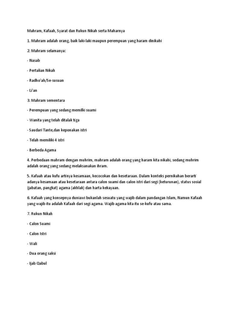 Kafaah, mahram, rukun nikah dan mahar | PDF