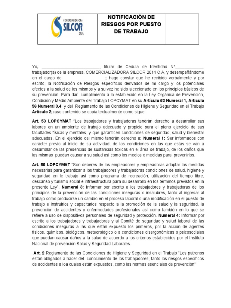 Notificacion de Riesgos Por Puesto de Trabajo | PDF | Seguridad y salud ... Notificacion de Riesgos Por Puesto de Trabajo | PDF | Seguridad y salud ...