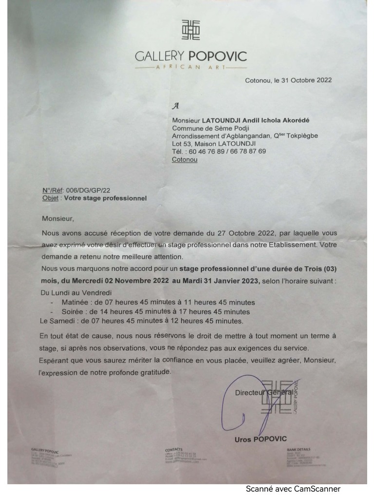 Accord de Stage Professionnel | PDF