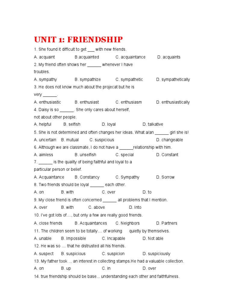 Vocabulary and Grammar Practice: Friendship | PDF
