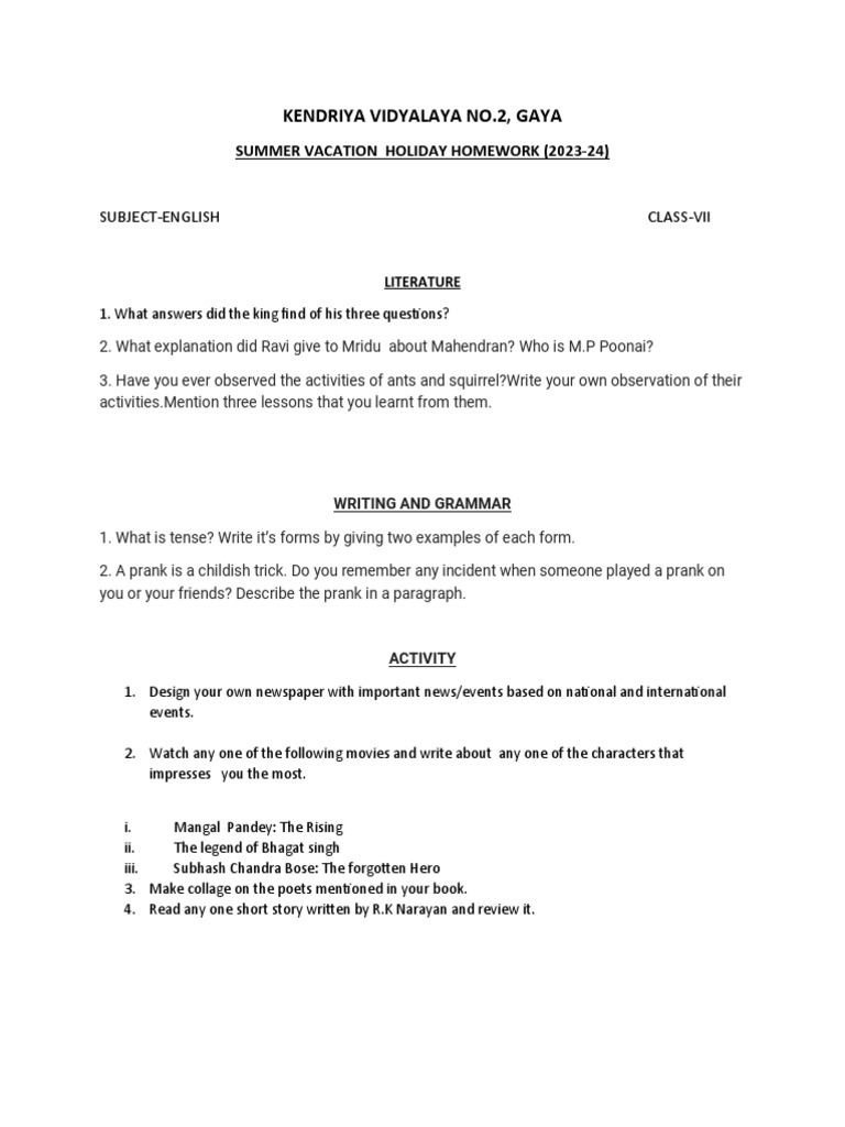 CLASS 7 HOLIDAY Homework (SUMMER) | PDF