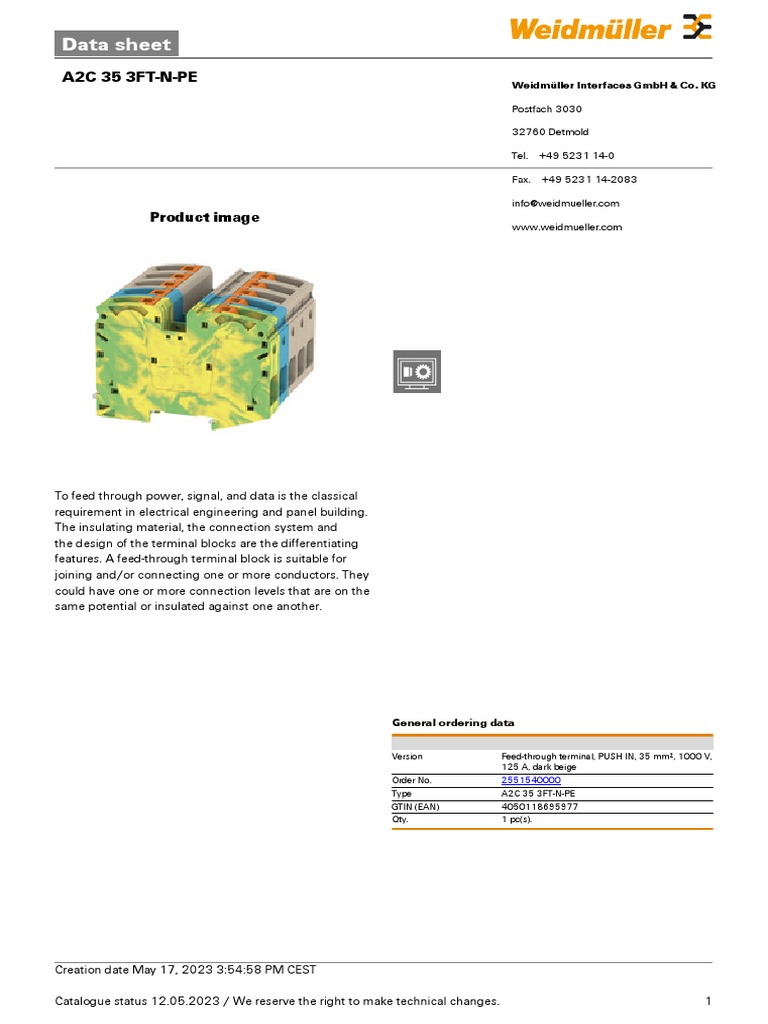 Weidmüller A2C 35 3FT-N-PE Data Sheet | PDF | Wire | Electrical Components
