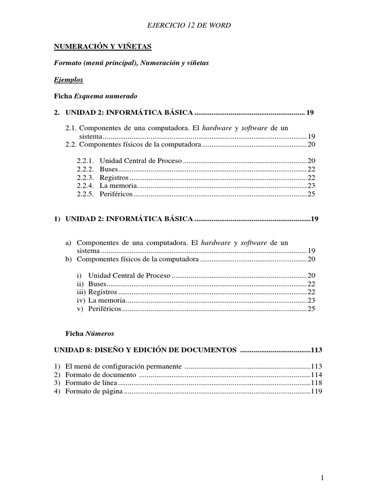 Formato (Menú Principal), Numeración y Viñetas Ejemplos: Ejercicio 12 de Word | PDF | Periférico ...