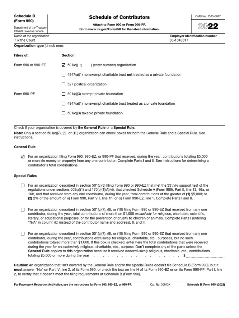 2022 Schedule B (Form 990) FTC | PDF | 501(C) Organization | Irs Tax Forms