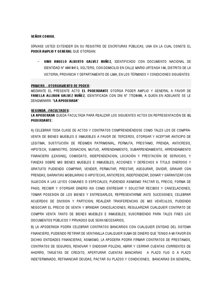 Minuta Poder Amplio y General Gino Galvez Nuñez | PDF | Bancos | Justicia