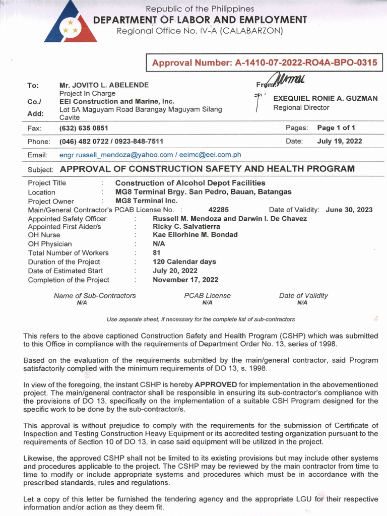 Construction Safety and Health Program MG8 Alcohol Depot | PDF