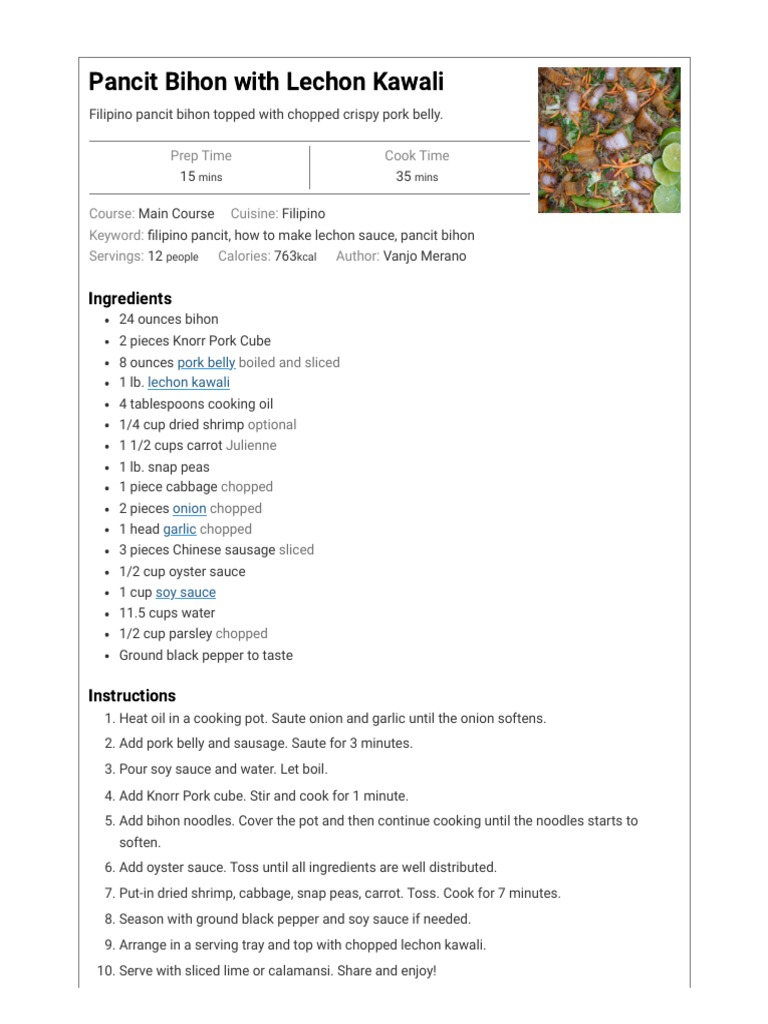 Pancit Bihon With Lechon Kawali - Panlasang Pinoy | PDF | Cooking, Food ...