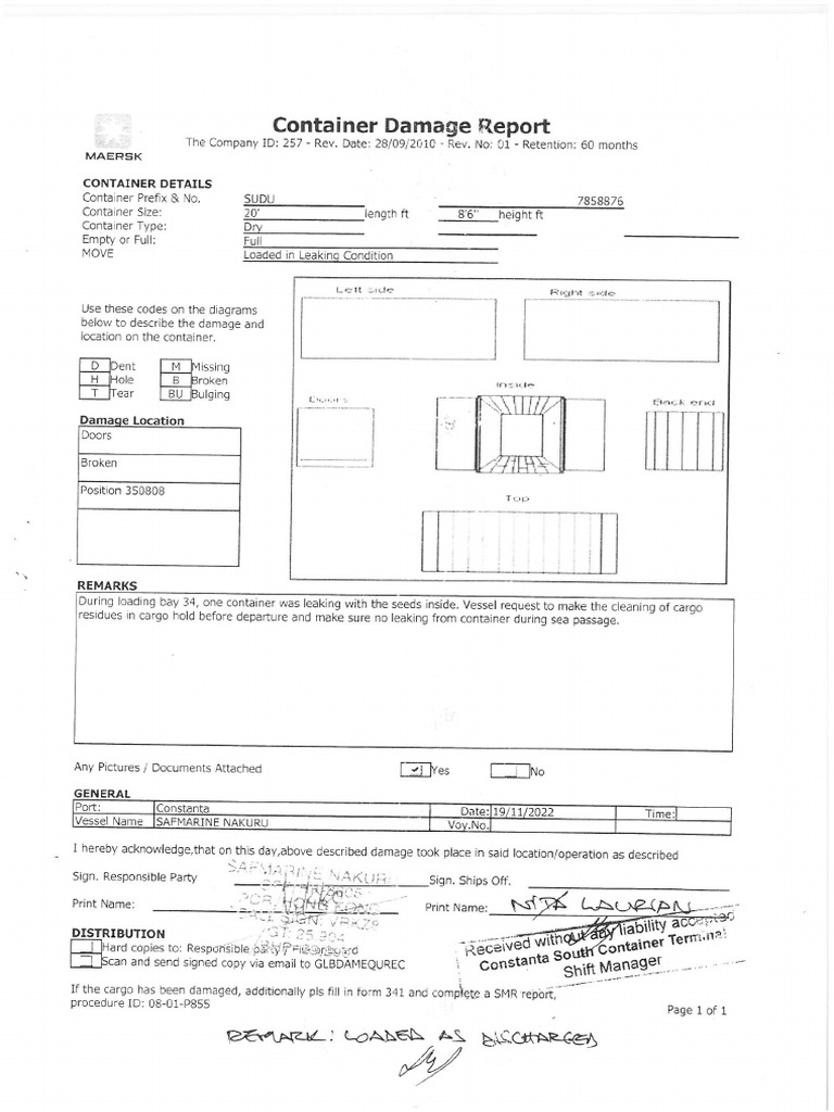 SGL Safmarine Nakuru 245n Vessel Damage Report | PDF
