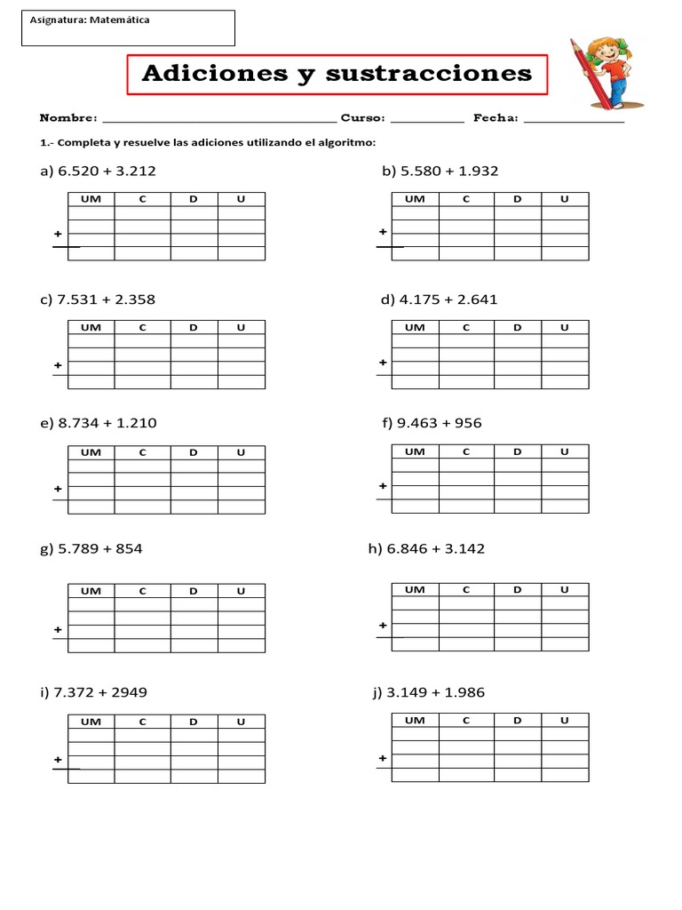 Guía Adiciones y Sustracciones 4° Basico | PDF