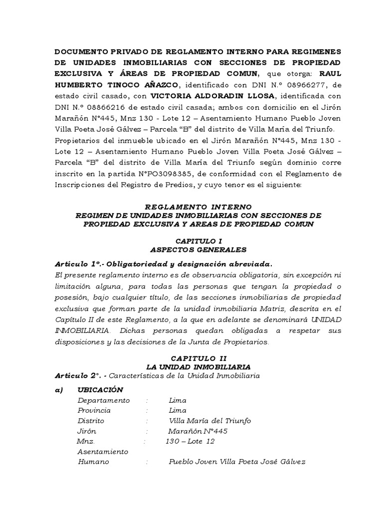 Documento Privado de Reglamento Interno Formato | PDF | Propiedad ...