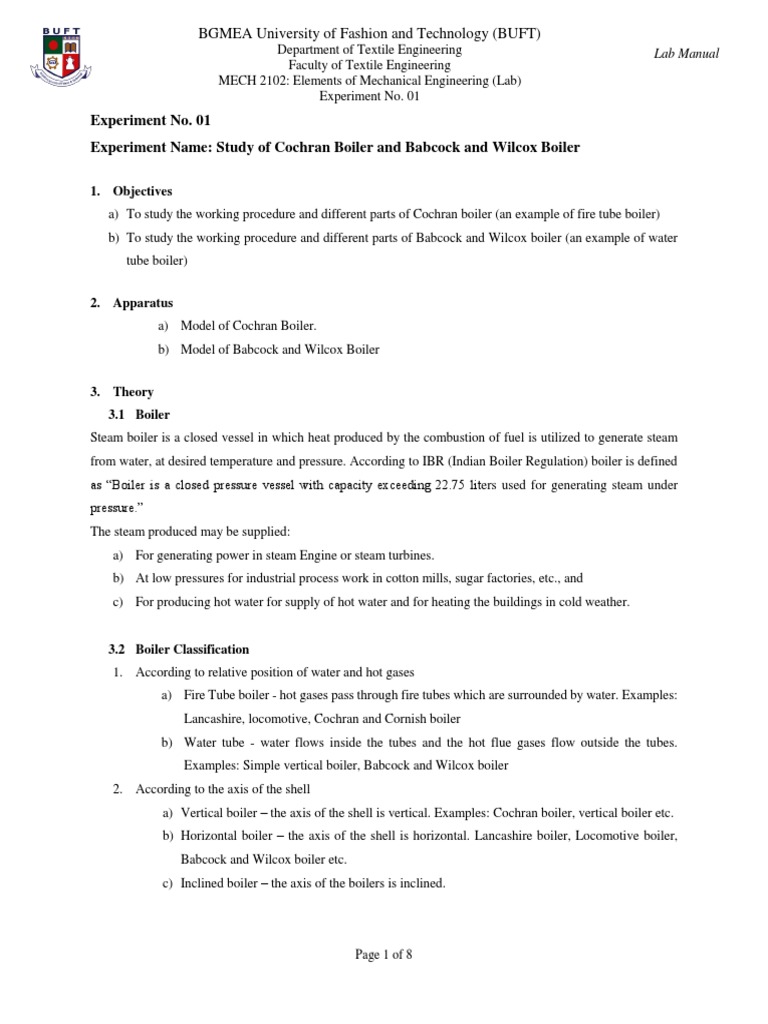 Experiment No. 1-To Study Cochran and Babcock and Wilcox Boilers | PDF | Boiler | Steam