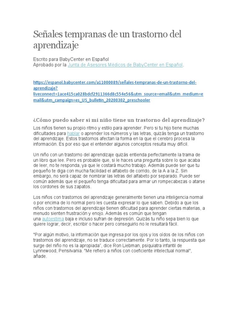 Señales Tempranas de Un Trastorno Del Aprendizaje | PDF | Aprendizaje | Discapacidad de aprendizaje