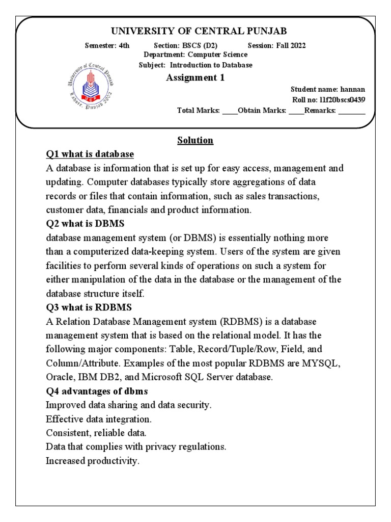 UCP Assignment Submission Format | Download Free PDF | Relational Database | Databases