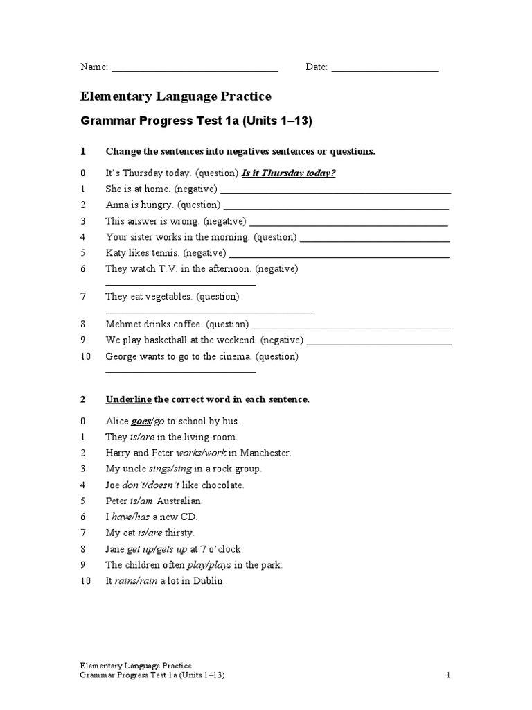 Grammar Progress Test for Elementary Students | PDF | Sleep | Lunch