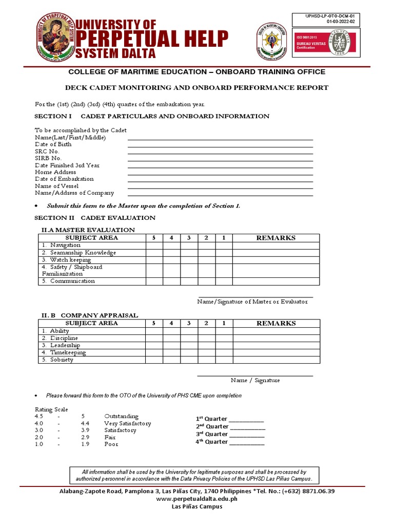 Deck Cadet Monitoring and Onboard Performance Report | PDF | Water ...