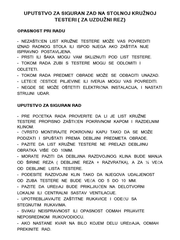 Uputstvo Za Siguran Rad Na Stolnoj Kružnoj Testeri | PDF