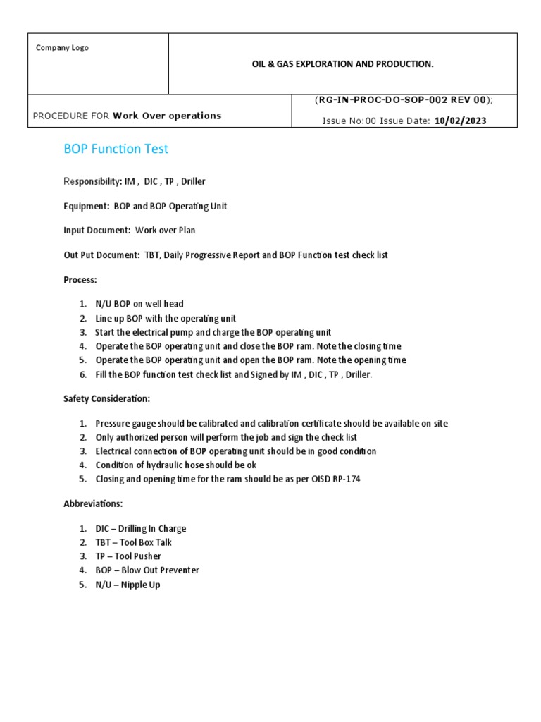 BOP Function Test SOP | PDF
