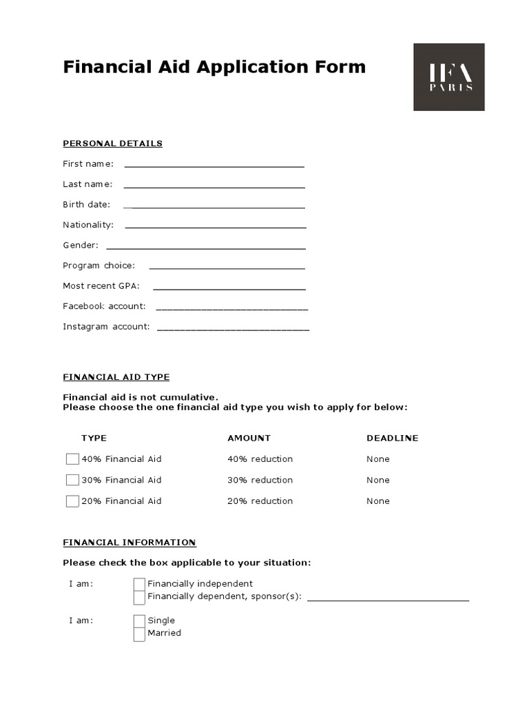 Financial Aid Application Form Ifaparis | PDF | Student Financial Aid ...