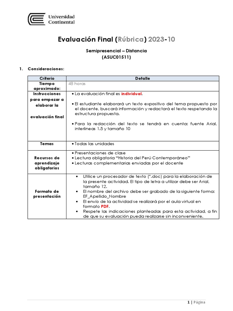 EV FINAL - Realidad Nacional y Regional - Prueba - Rubrica - 2023-10 | PDF | Conocimiento ...