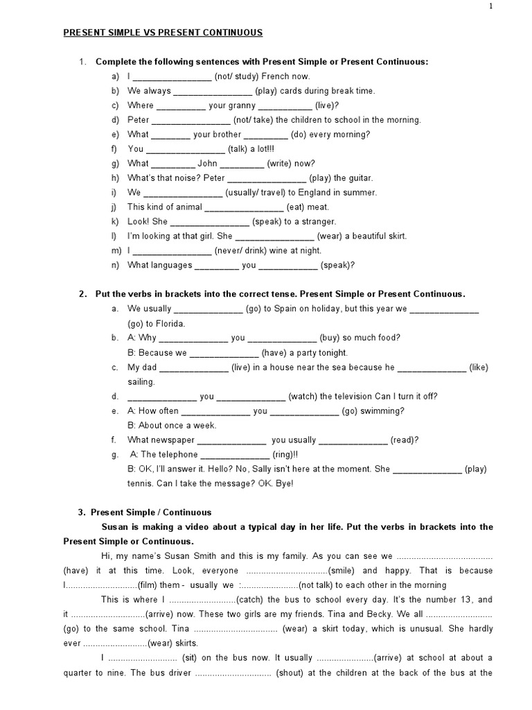 Present Simple vs Continuous Exercises | PDF | Linguistics