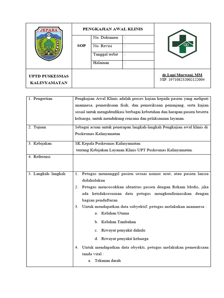 Sop Pengkajian Awal Klinis | PDF