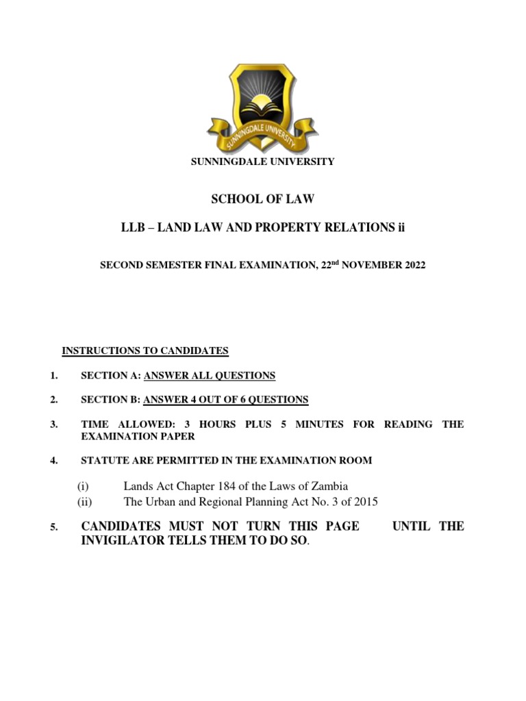 Land Law Ii Exams Sunningdale University | PDF | Law