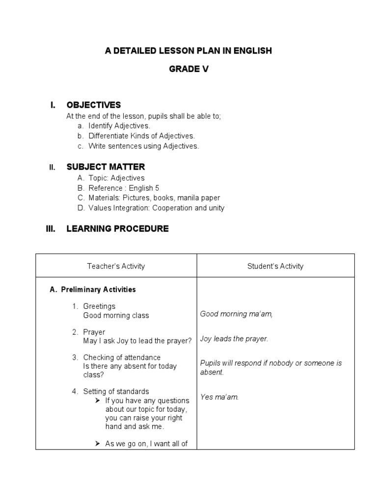 Grade V English Lesson Plan on Adjectives | PDF