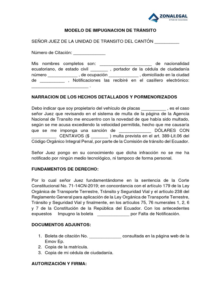 MODELO DE IMPUGNACION DE TRANSITO | PDF