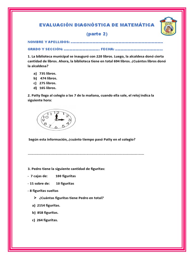 Evaluaciòn Diagnòstica De Matemàtica Ii 4° Grado Pdf 4002