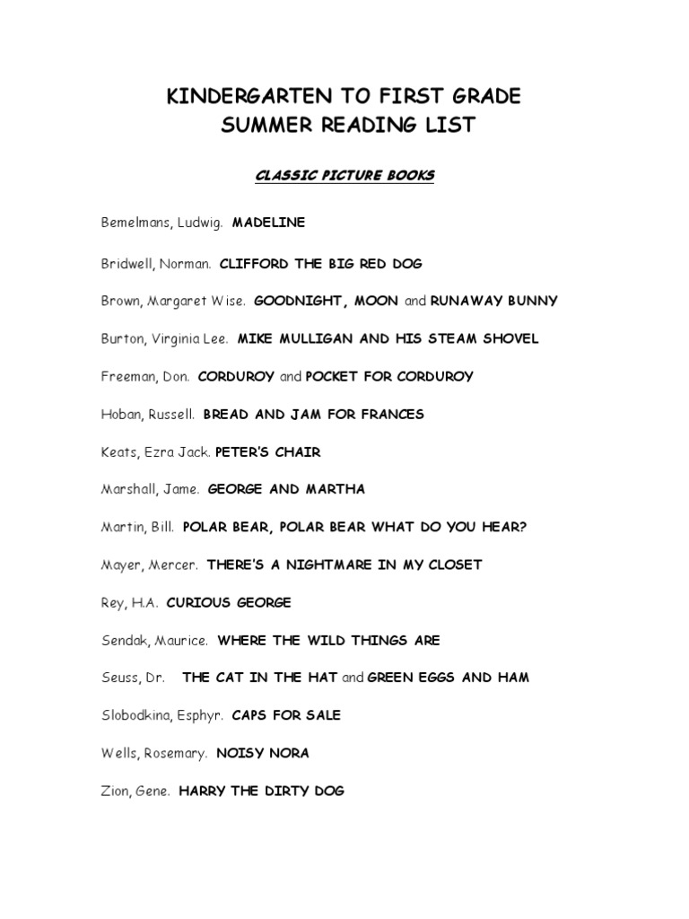 Kindergarten To First Grade Summer Reading List: Classic Picture Books ...