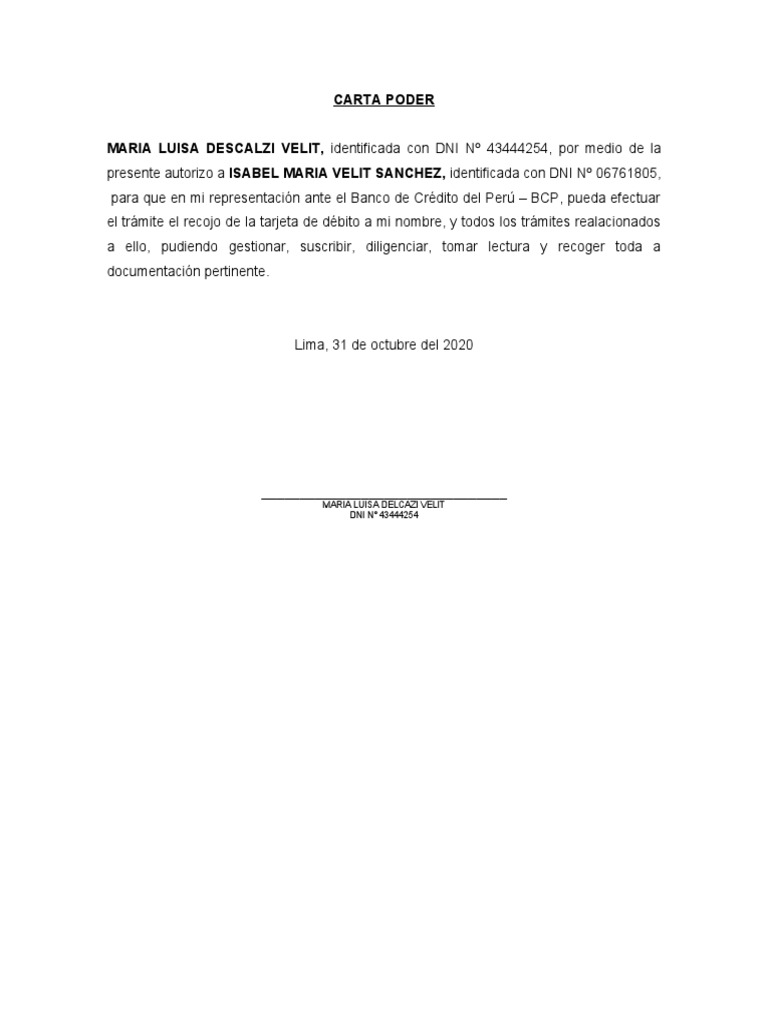 Carta Poder para Recojo de Tarjeta BCP | PDF
