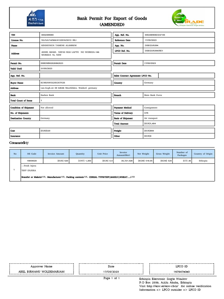 Amended Bank Permit for Export of Fresh Teff Injera to Germany | PDF ...