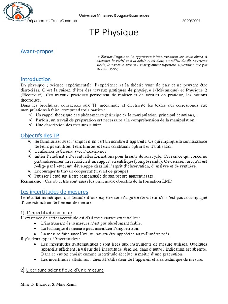 Travaux Pratiques de Physique 2020-2021 | PDF | Physique | Expérience