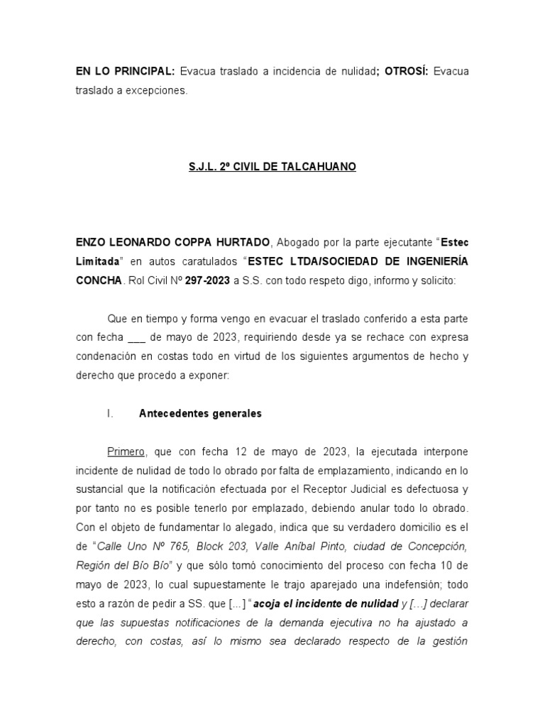 Evacúa Traslado A Nulidad de Todo Lo Obrado | PDF | Procedimiento Civil ...