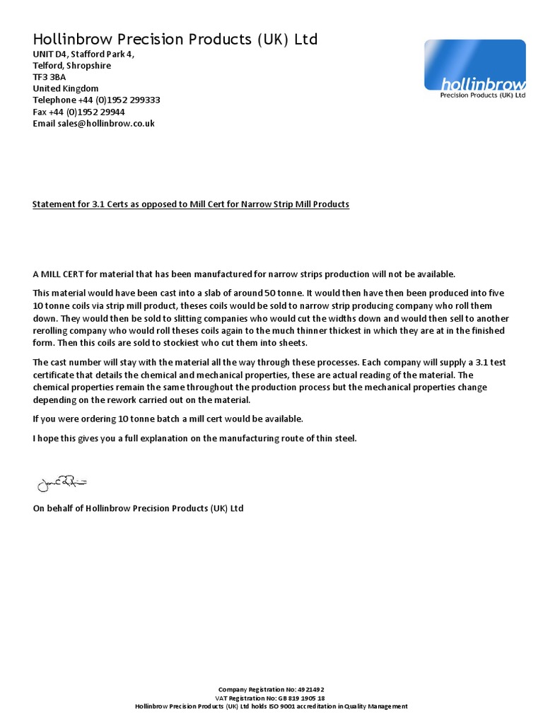 Statement For 3.1 Certs As Opposed To Mill Cert For Narrow Strip Mill ...