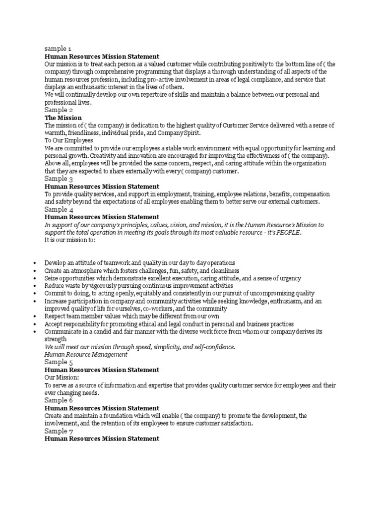 Human Resources Mission and Vision Statements | PDF | Human Resource ...