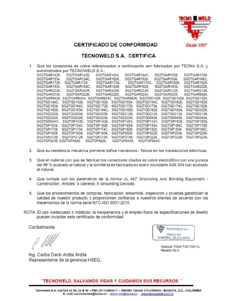 Tecnoweld Certificado de Conformidad Conectores de Cobre Rev 4 Tgar TGD ...