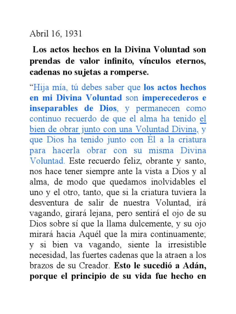 Los Actos Hechos en La Divina Voluntad Son Prendas de Valor Infinito, Vinculos Eternos, Cadenas ...