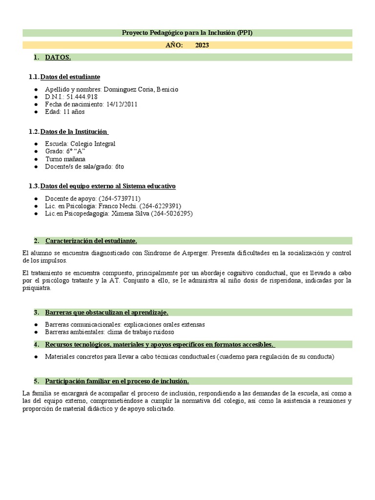 Proyecto Pedagógico para La Inclusión (PPI) | PDF | Terapia de conducta cognitiva | Inclusión ...