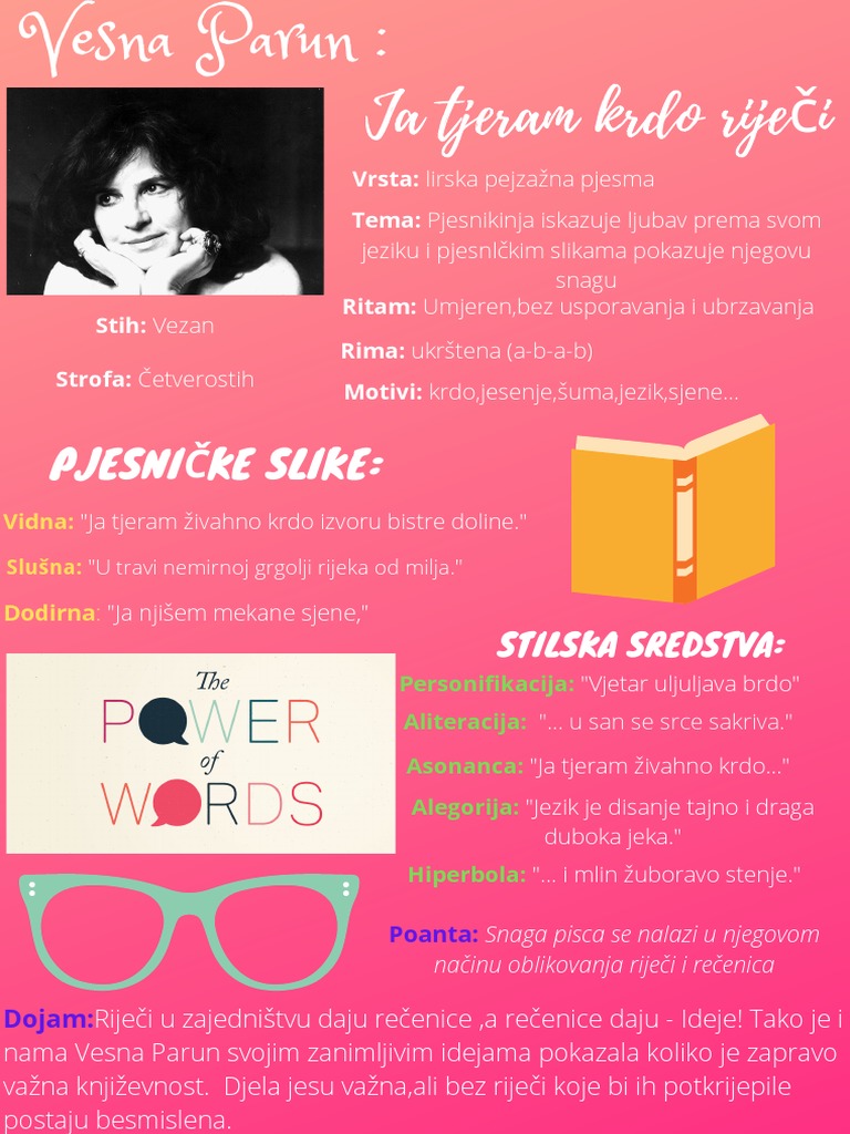 Vesna Parun, Ja Tjeram Krdo Rijeci - Interpretacija Lirske Pjesme (Ucenik Luka Rusev, 8.e) | PDF