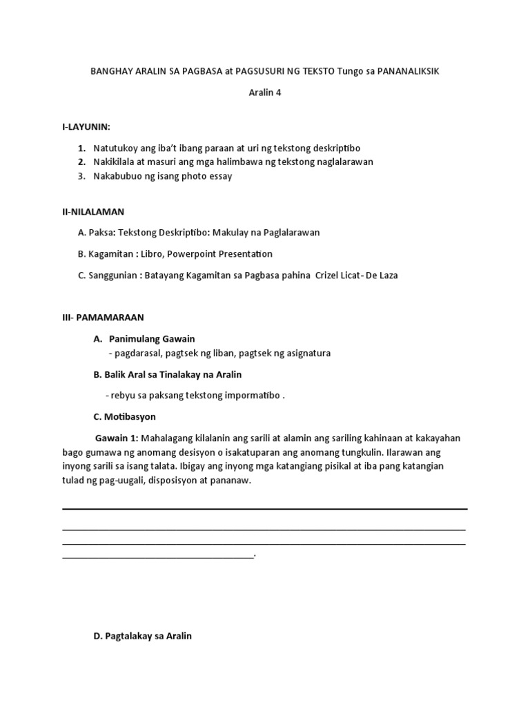 BANGHAY ARALIN SA PAGBASA at PAGSUSURI NG TEKSTO Tungo Sa PANANALIKSIK | PDF