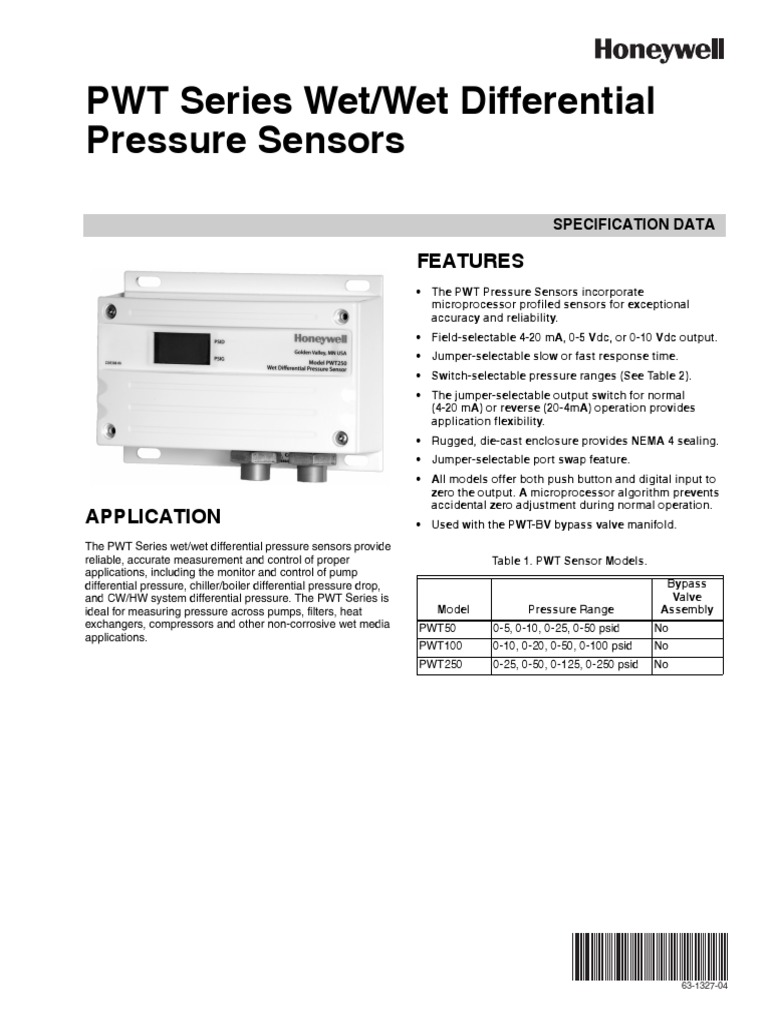 PWT Series Wet/Wet Differential Pressure Sensors: Features | PDF