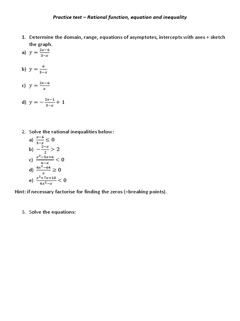 Rational Functions Practice Test | PDF