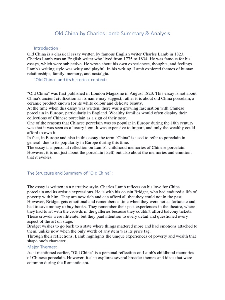 Old China by Charles Lamb Summary | PDF | Essays | Experience