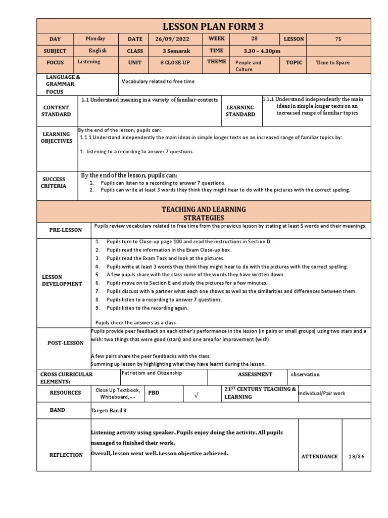Lesson Plan Form 3: by The End of The Lesson, Pupils Can | PDF
