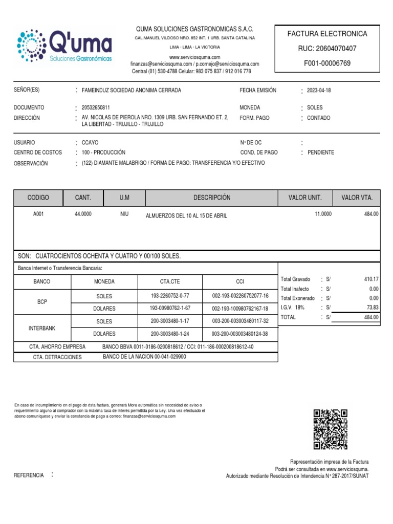 Factura Electrónica Quma Soluciones Gastronómicas | PDF | Transferencia ...