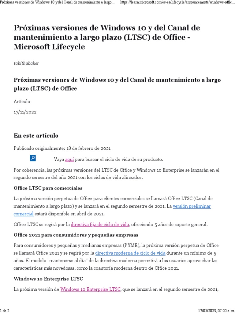 Proximas Versiones de Windows 10 LTSC y Office LTSC - Microsoft Lyfecycle | PDF | Microsoft ...
